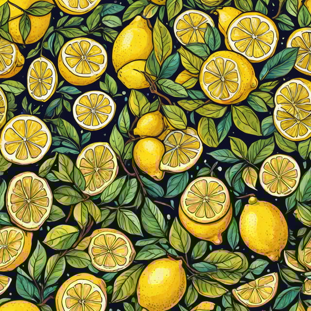 Lemon Pattern with Green Leaves on Blue Background - Design Ideas AI