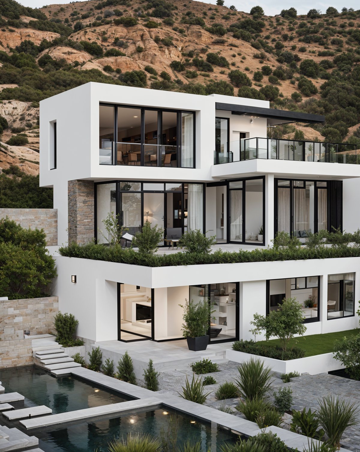 Modern House Exterior with Rooftop Terrace and Greenery - Design Ideas AI