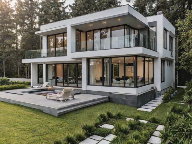 Modern House Exterior with Large Glass Wall and Forest View - Design ...