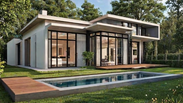 Modern House Exterior with Large Glass Wall and Forest View - Design ...